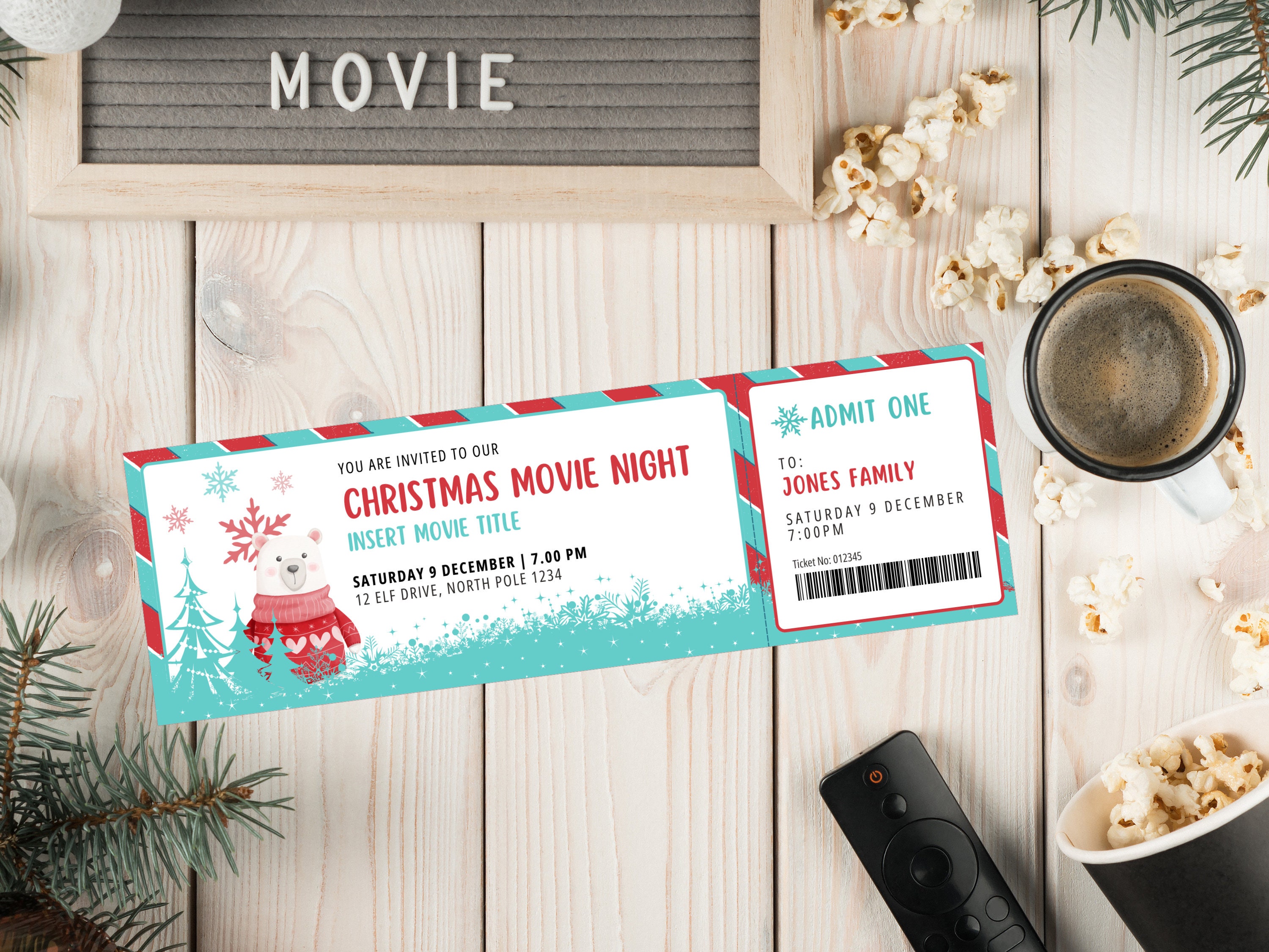 INSTANT DOWNLOAD Christmas Movie Ticket Christmas Movie Night Template ...
