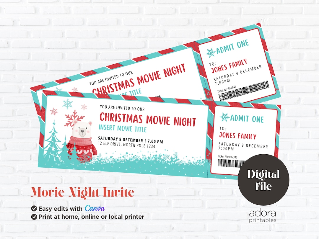 INSTANT DOWNLOAD | Christmas Movie Ticket | Christmas Movie Night ...
