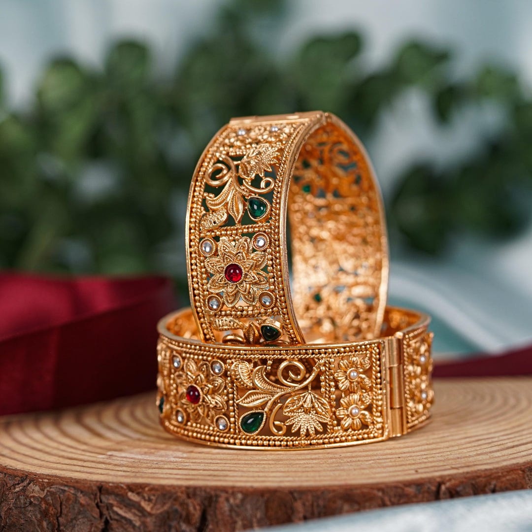 Gold Floral Temple Carved Openable Kada Bangles With Multicolor Stones ...