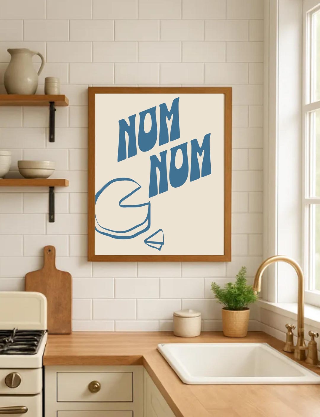Nom Nom Cheese Wheel Print | Retro Blue Kitchen Wall Art - Etsy