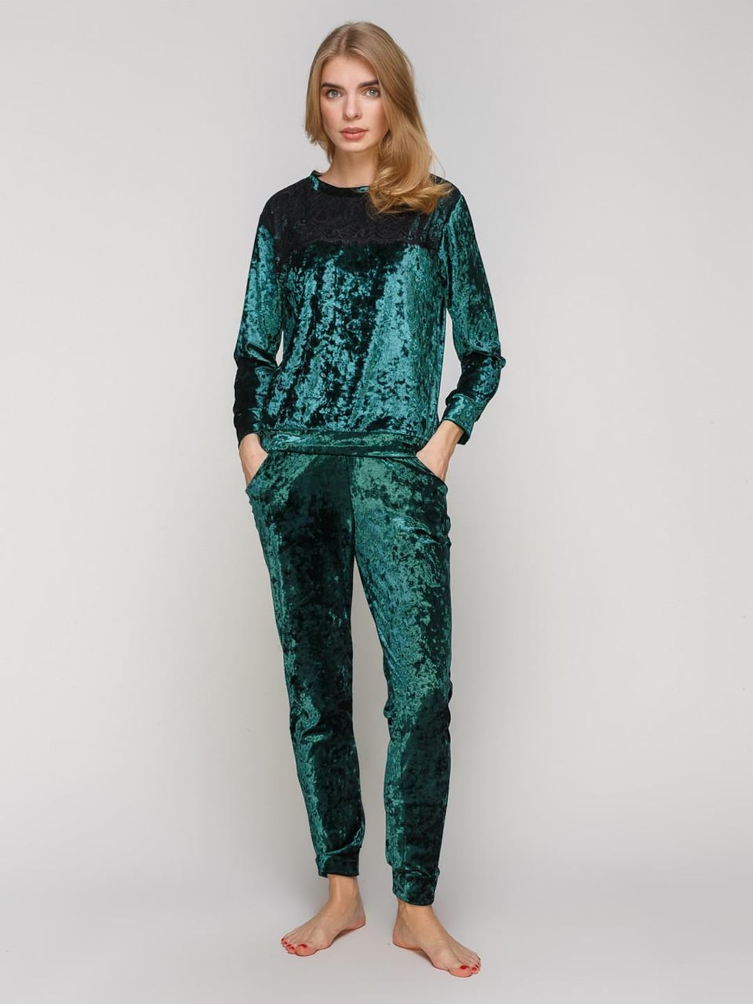 Emerald Green Velvet Tracksuit for Women, High Waist Joggers Sweatshirt ...