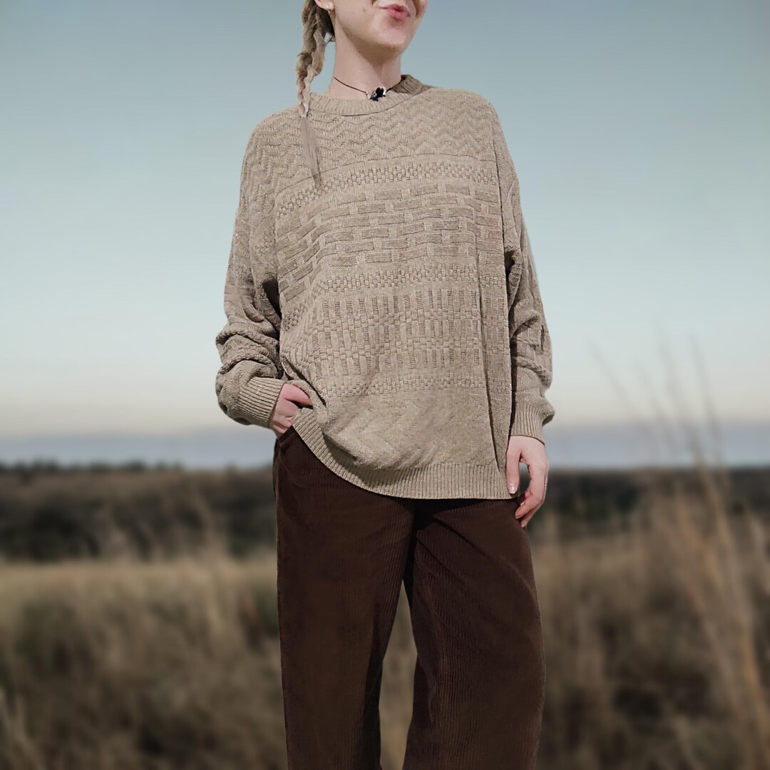 Vintage Oversized Basic Knit Sweater, Linen Cotton Pullover, Beige ...