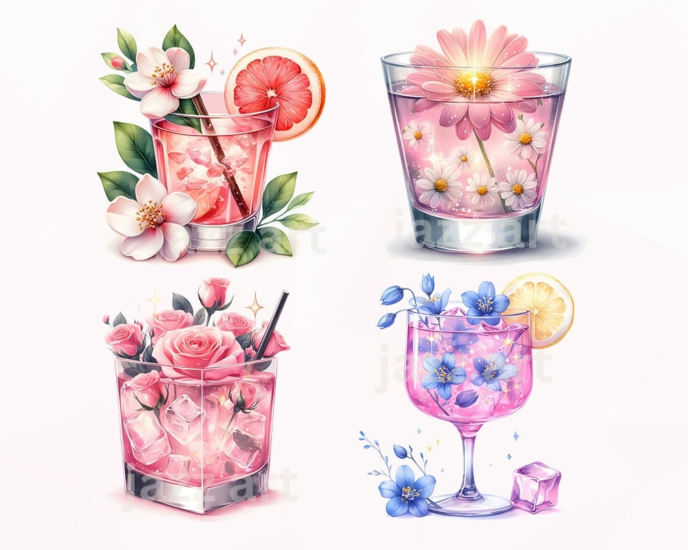 Pink Floral Cocktail Clipart: Watercolor Summer Drinks (PNG Digital ...