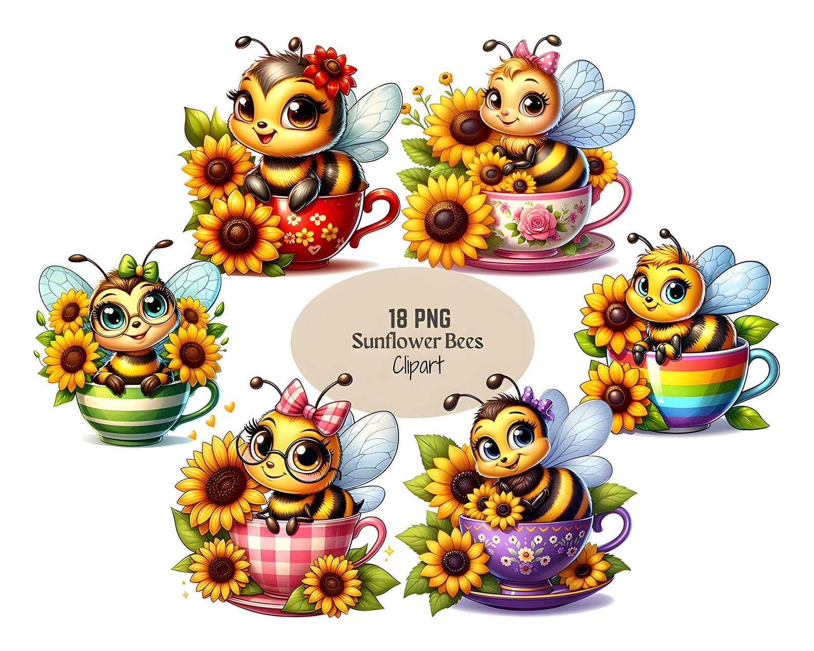 Sunflower Bees Clipart Bundle, Cute Bee Clipart, Sunflower Png Design ...