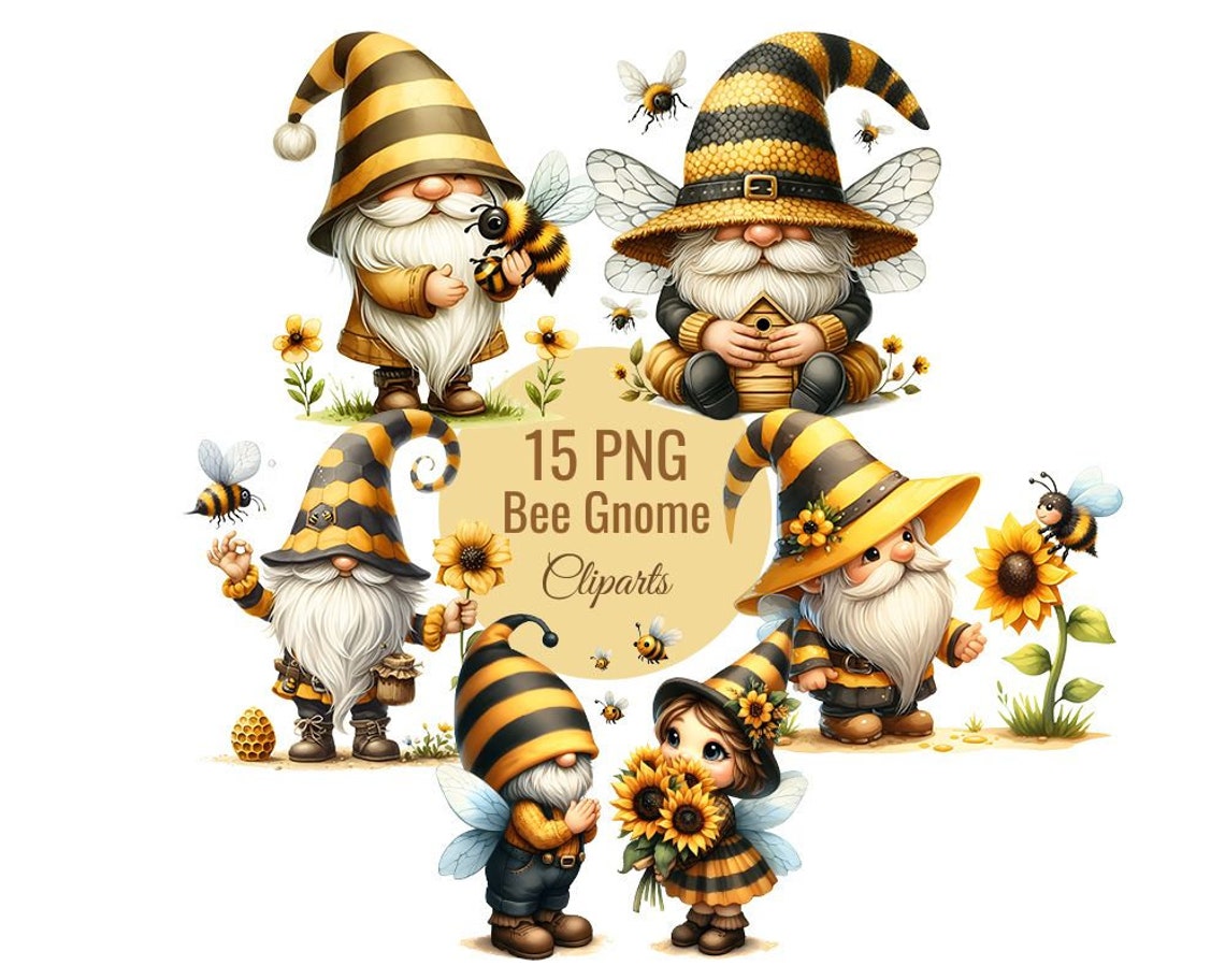 15 Bee Gnome Clipart Bundle, Gnome Sublimation, Gardening Gnome Png ...