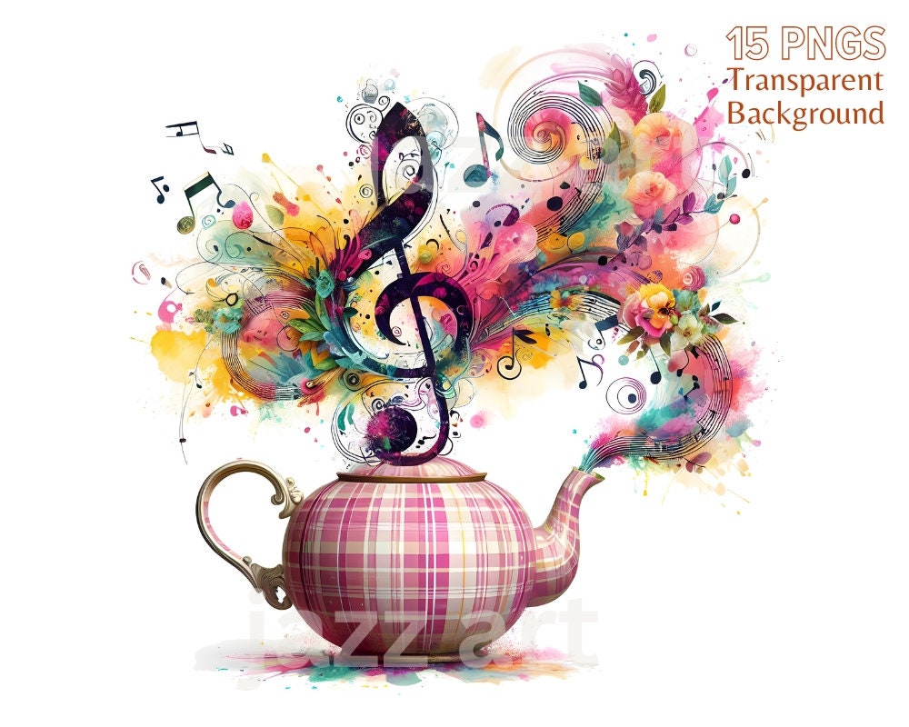 Teapot and Music Notes Clipart Bundle, Tea Party Clipart, Watercolor ...