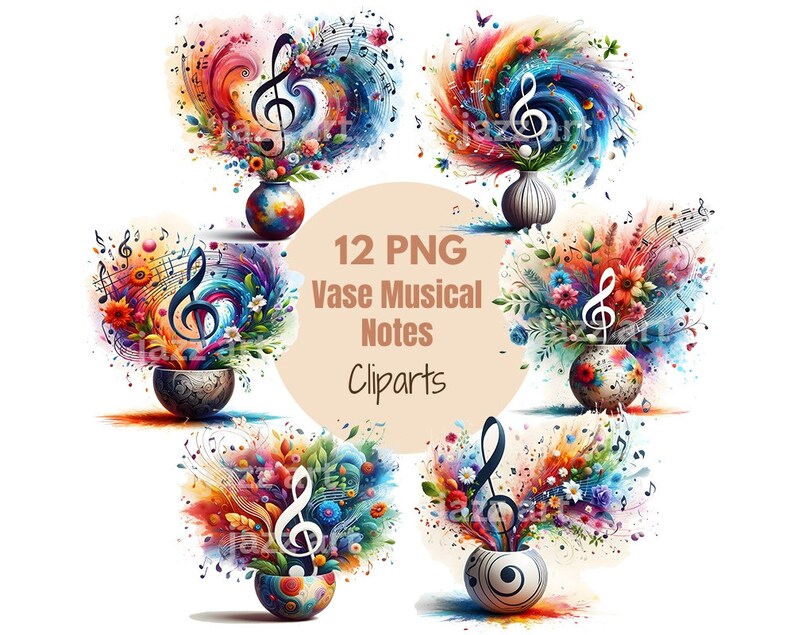 Vase Musical Notes Clipart Bundle, Notes Png, Watercolor Vase Graphics ...