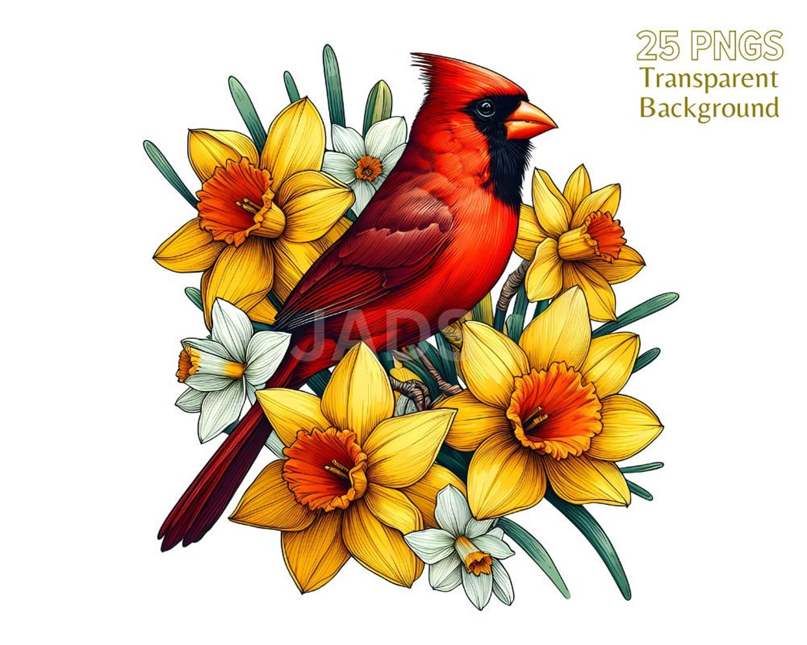 Red Cardinal & Flowers Clipart Bundle: Watercolor Bird PNG (commercial ...