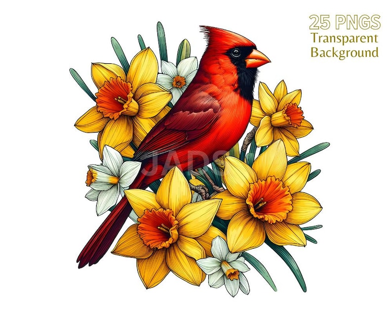 Red Cardinal & Flowers Clipart Bundle: Watercolor Bird PNG (commercial ...
