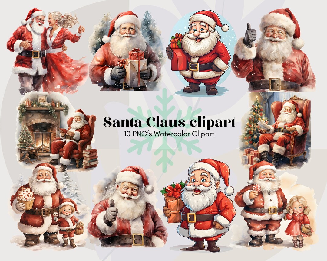 10 Santa Claus Clipart Watercolor Png, Vintage Santa Png, Cute Santa ...