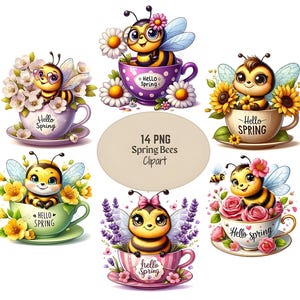 Spring Bee Clipart Bundle: Watercolor Teacup Floral PNG (commercial Use ...