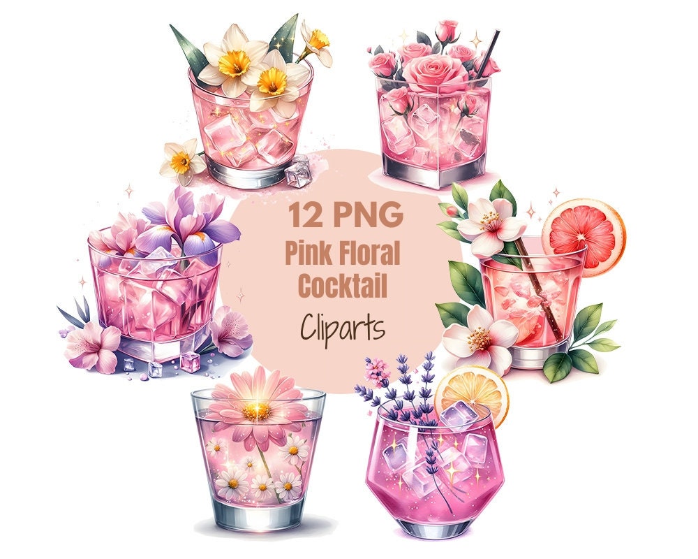 Pink Floral Cocktail Clipart: Watercolor Summer Drinks (PNG Digital ...