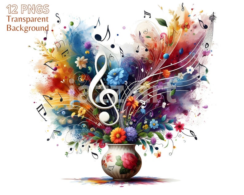 Watercolor Vase Musical Notes Clipart: Floral Music PNG Bundle ...