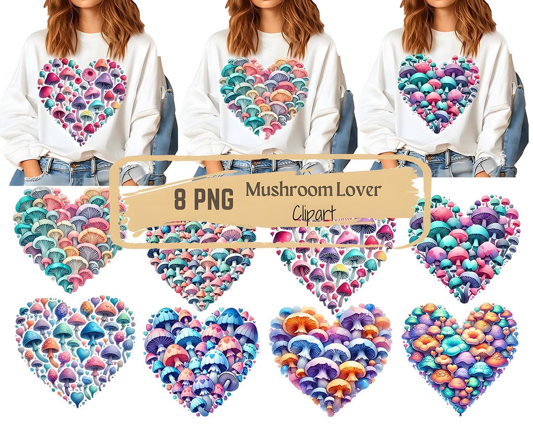Mushroom Heart Clipart Bundle, Mushrooms Decor, Mushrooms Gifts, Heart ...