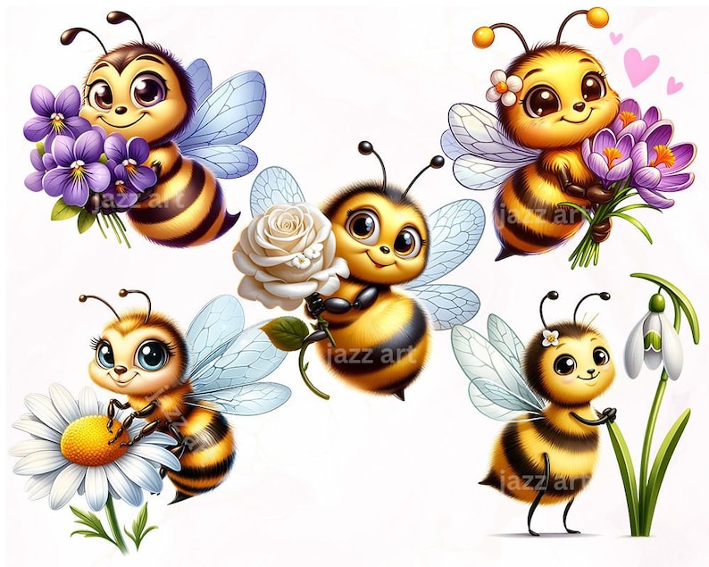 Floral Bee Clipart Bundle: Watercolor Bee PNG, Commercial Use (digital ...