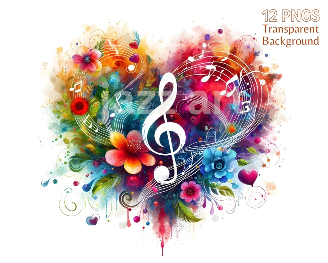 Watercolor Heart Music Note Clipart: Floral Treble Clef PNG (commercial ...