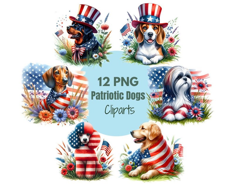 Patriotic Dogs Clipart Bundle, 4th of July Graphics, Watercolor Dogs ...