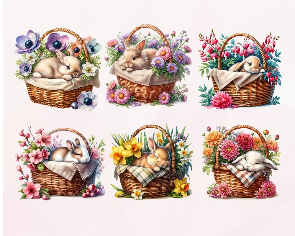 16 Bunny and Spring Flowers Clipart Bundle, Watercolor Rabbit Graphics ...