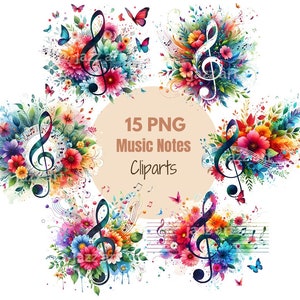 Watercolor Music Notes Clipart: Floral Melody PNG Graphics (commercial ...