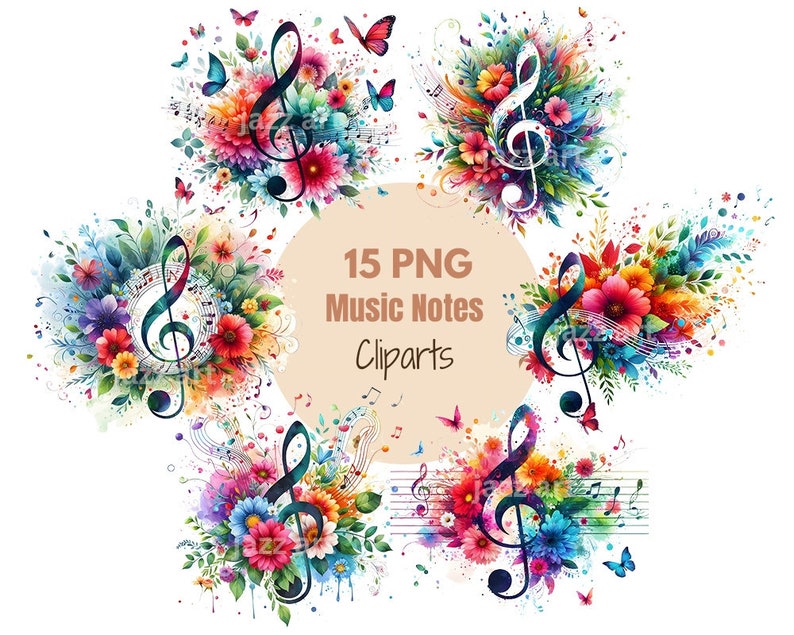 Watercolor Music Notes Clipart: Floral Melody PNG Graphics (commercial ...