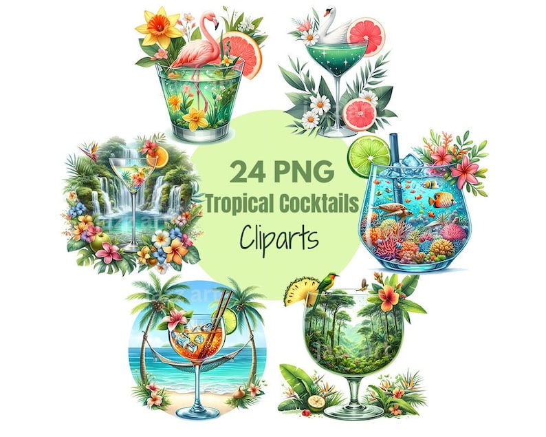Tropical Cocktail Clipart Bundle: Summer Drink PNG Graphics (digital ...