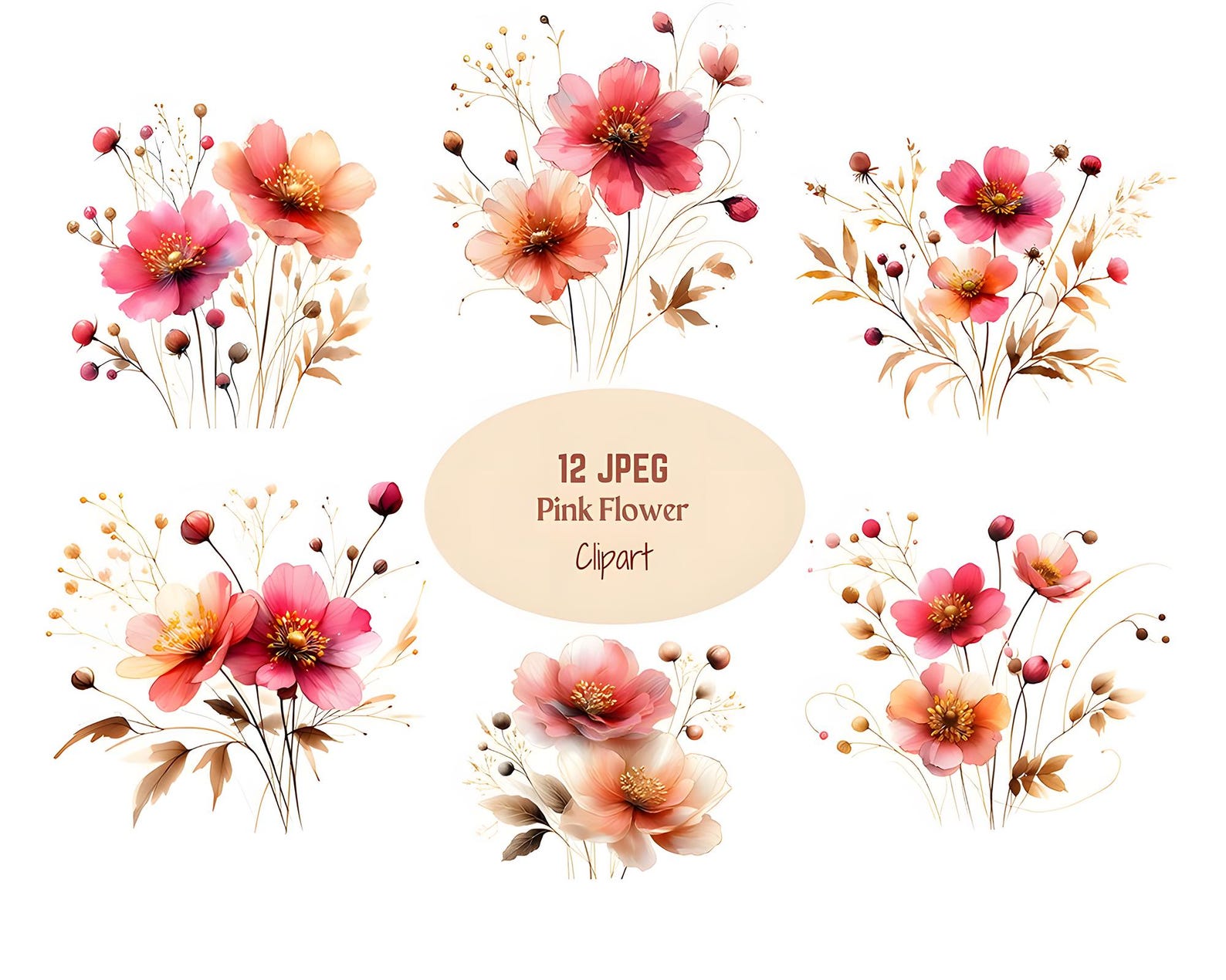 Pink Watercolor Flower Clipart Bundle: Blush & Rose Floral PNG (digital ...