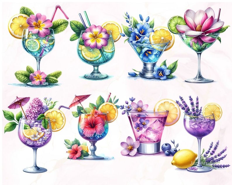Watercolor Floral Cocktail Clipart: Summer Drink PNG Bundle (commercial ...
