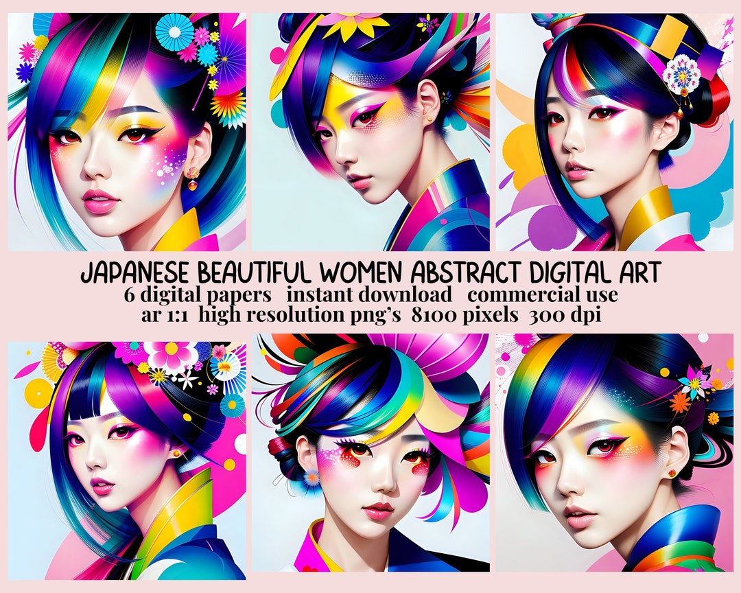 Beautiful Japanese Women Digital Abstract Art, Japanese Wall Art Set ...