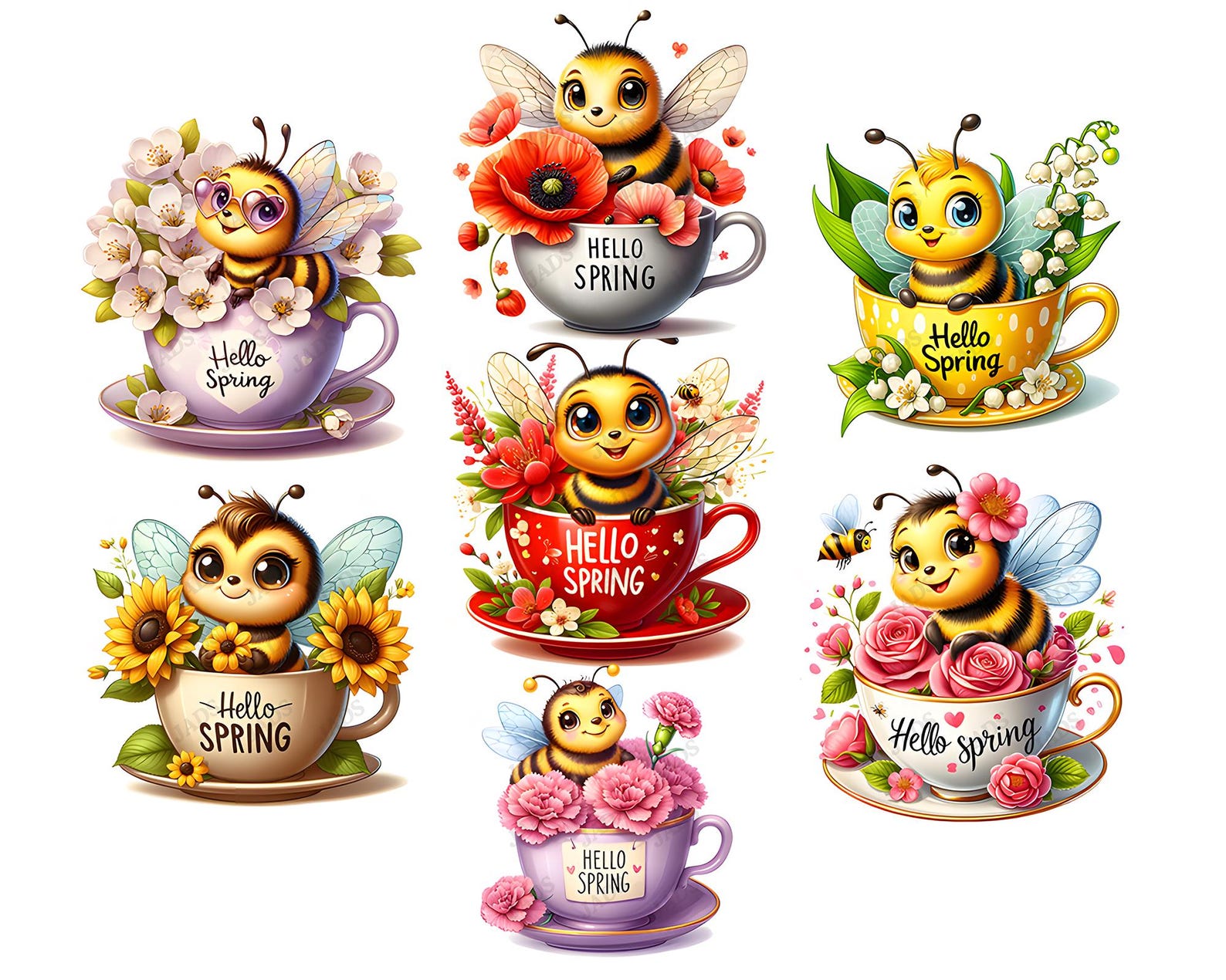 Spring Bee Clipart Bundle: Watercolor Teacup Floral PNG (commercial Use ...