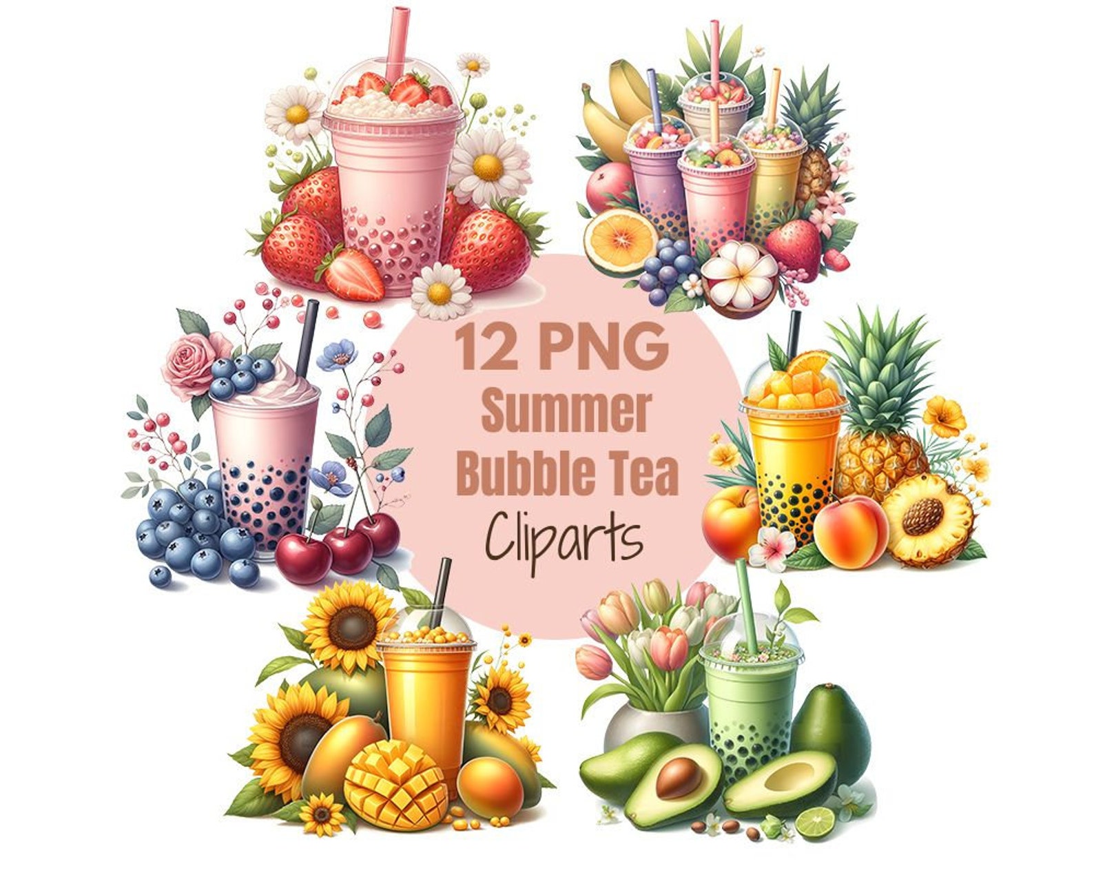 Summer Bubble Tea Clipart Bundle, Watercolor Bubble Tea, Bubble Tea ...