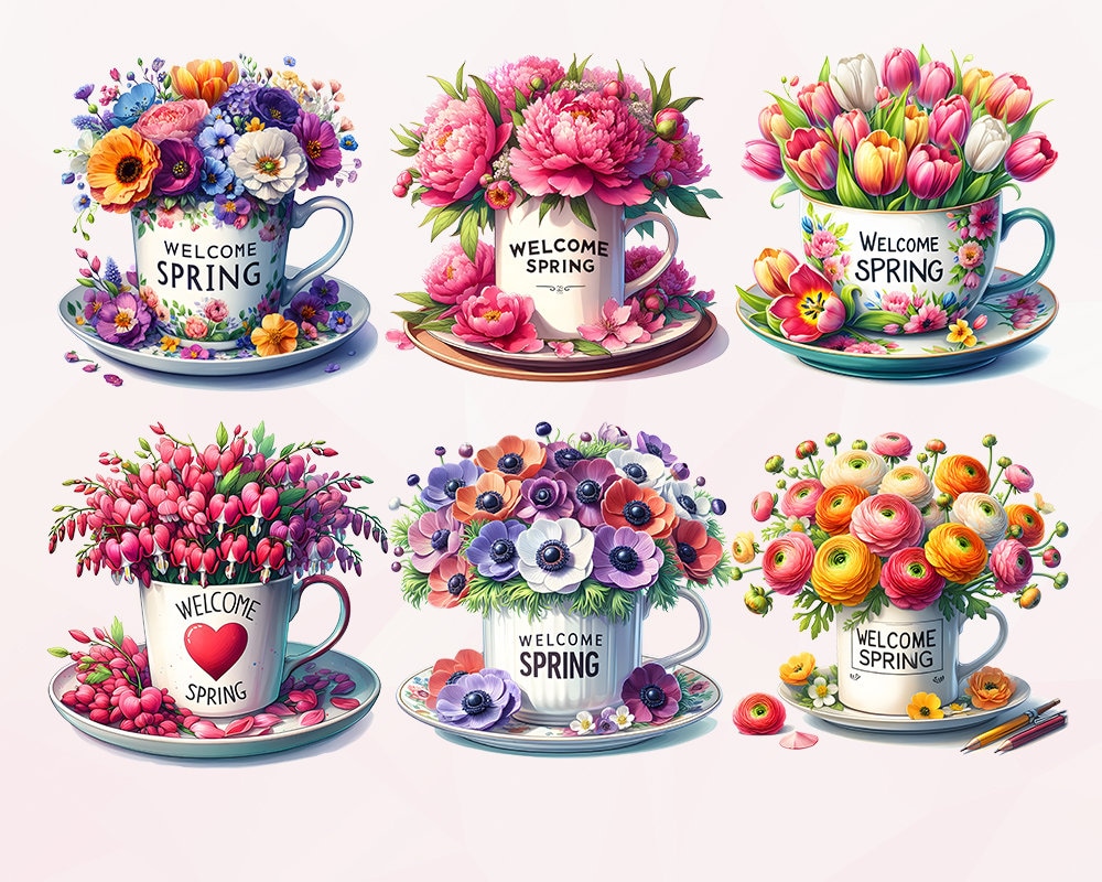 Spring Flowers and Mug Clipart Bundle: Botanical PNG Graphics ...