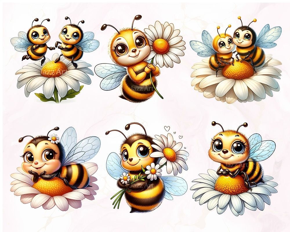 Cute Bees and Daisy Clipart Bundle, Cute Bee Clipart, Honeybee Clipart ...