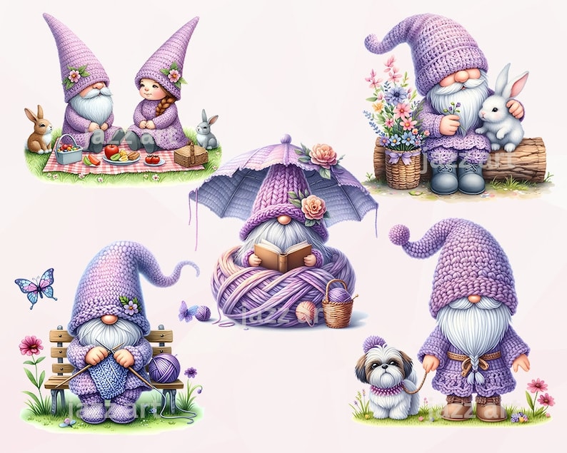 Purple Crochet Gnome Clipart Bundle: Whimsical PNG Graphics (commercial ...