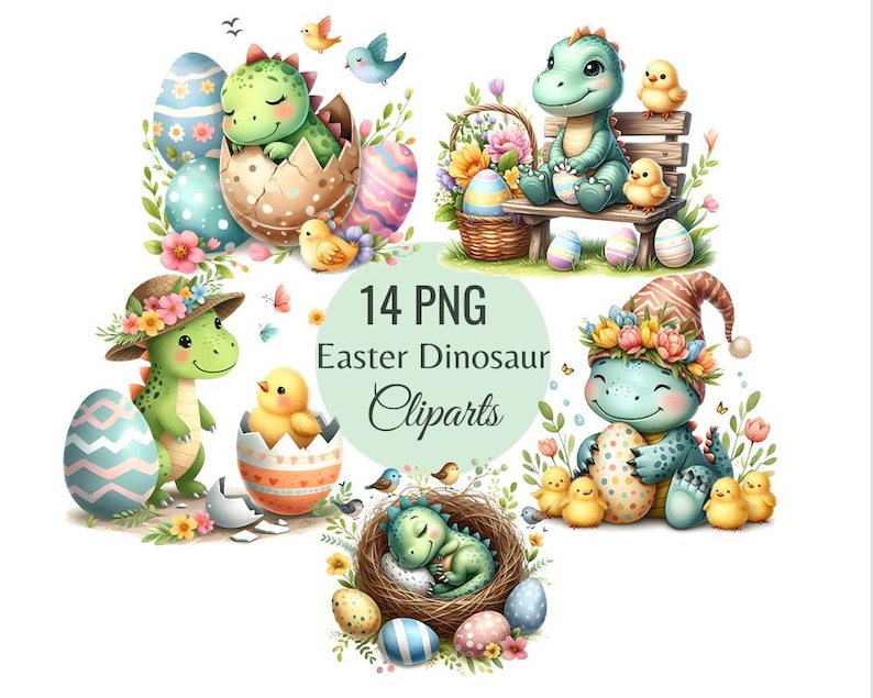 14 Easter Dinosaurs Clipart Bundle, Dinosaur Png Graphics, Happy Easter ...