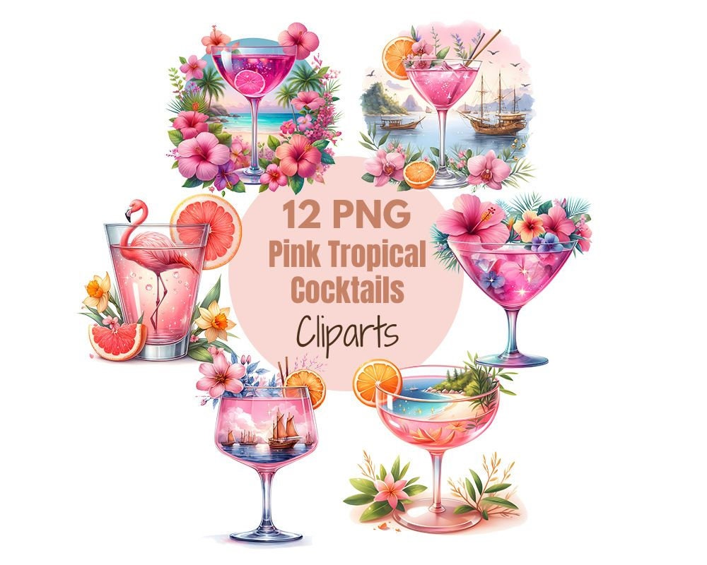 Pink Tropical Cocktail Clipart: Summer Watercolor Drinks (PNG Digital ...