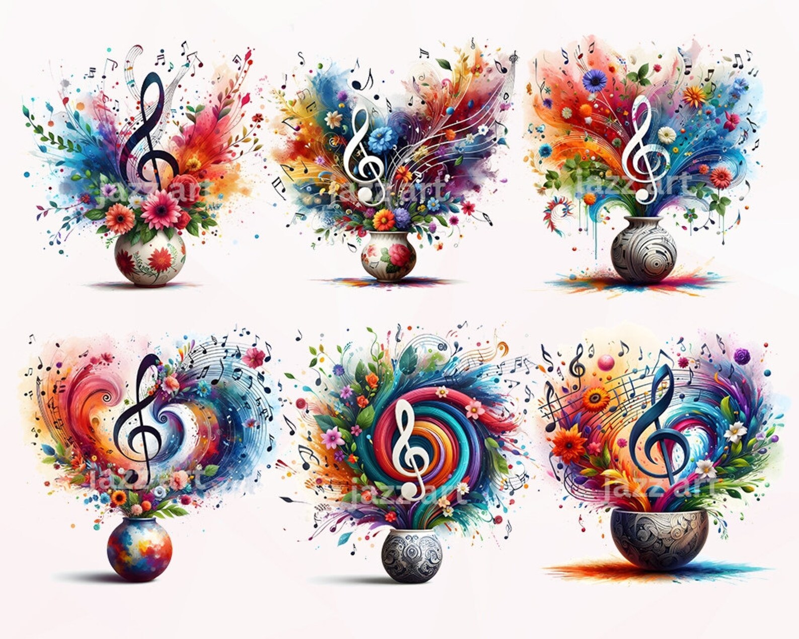 Watercolor Vase Musical Notes Clipart: Floral Music PNG Bundle ...