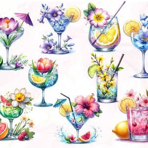 Watercolor Floral Cocktail Clipart: Summer Drink PNG Bundle (commercial ...