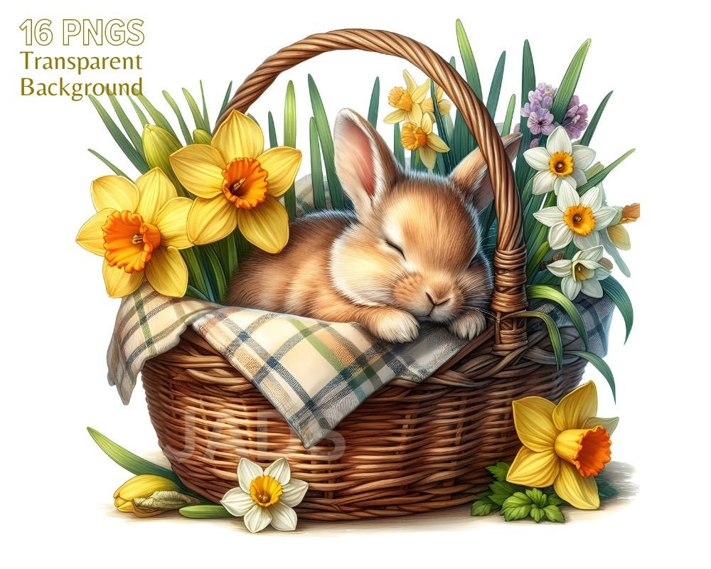 16 Bunny and Spring Flowers Clipart Bundle, Watercolor Rabbit Graphics ...