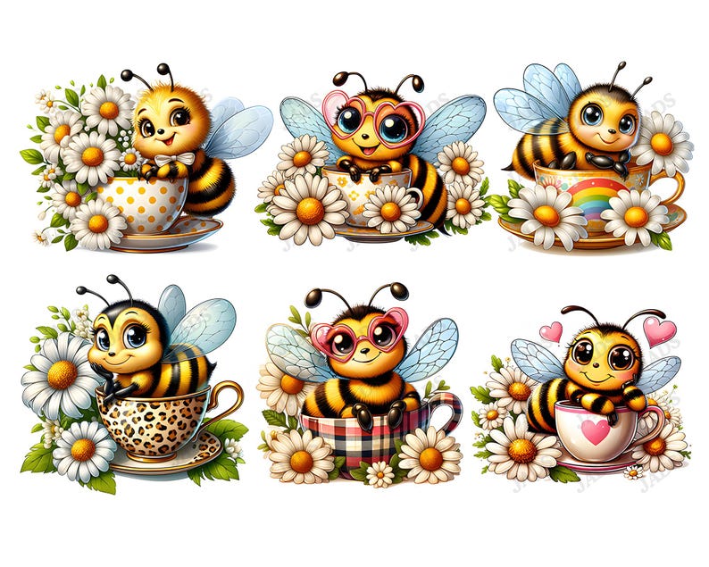 Watercolor Teacup Bee Clipart Bundle: Daisy Flower PNG (commercial Use ...