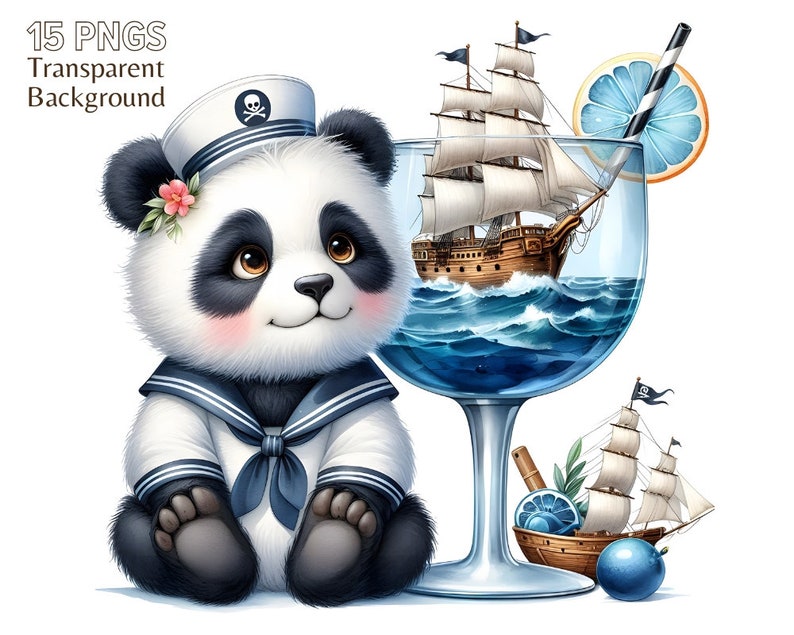 Nautical Panda Clipart Bundle, Cute Panda Bear, Panda Nursery Art, Panda Sublimation, Baby Panda ...