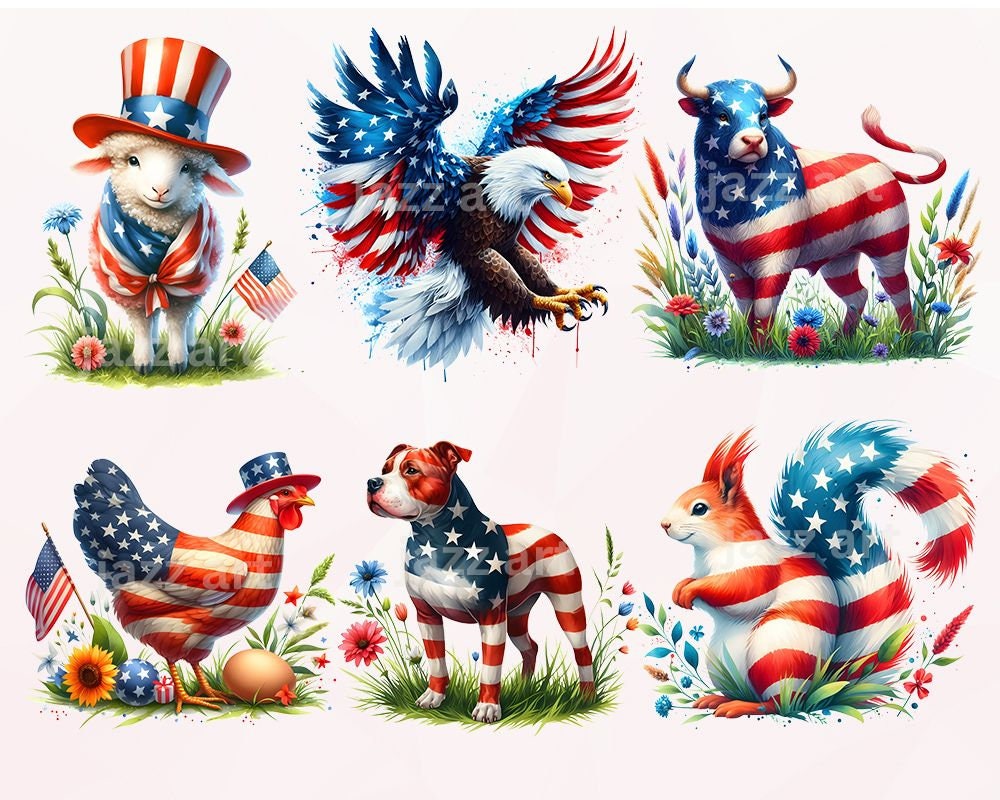 Patriotic Animals Clipart Bundle: Watercolor 4th of July Graphics ...