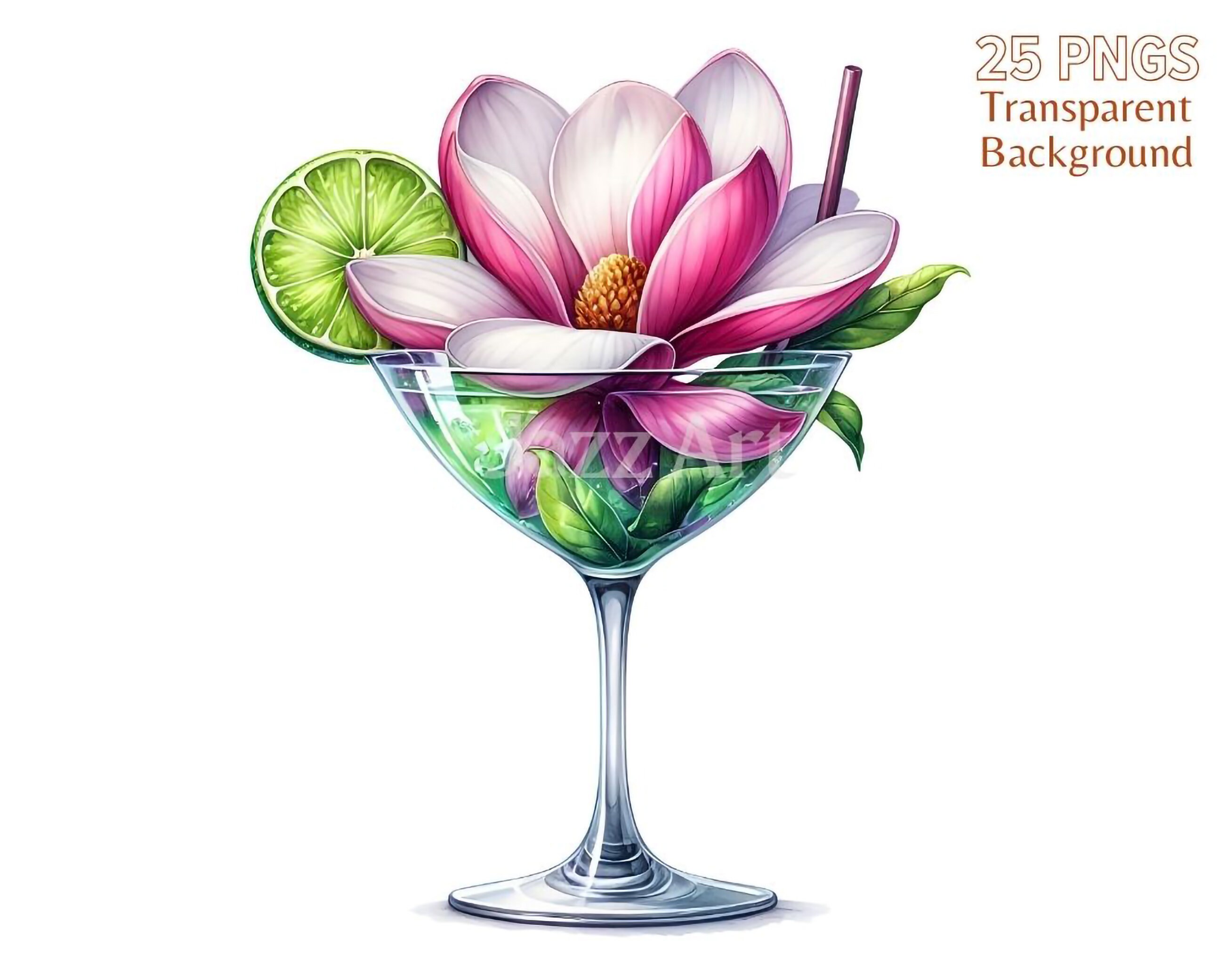 Watercolor Floral Cocktail Clipart: Summer Drink PNG Bundle (commercial ...