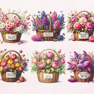 Watercolor Spring Flower Basket Clipart Bundle (PNG, Commercial Use) - Etsy