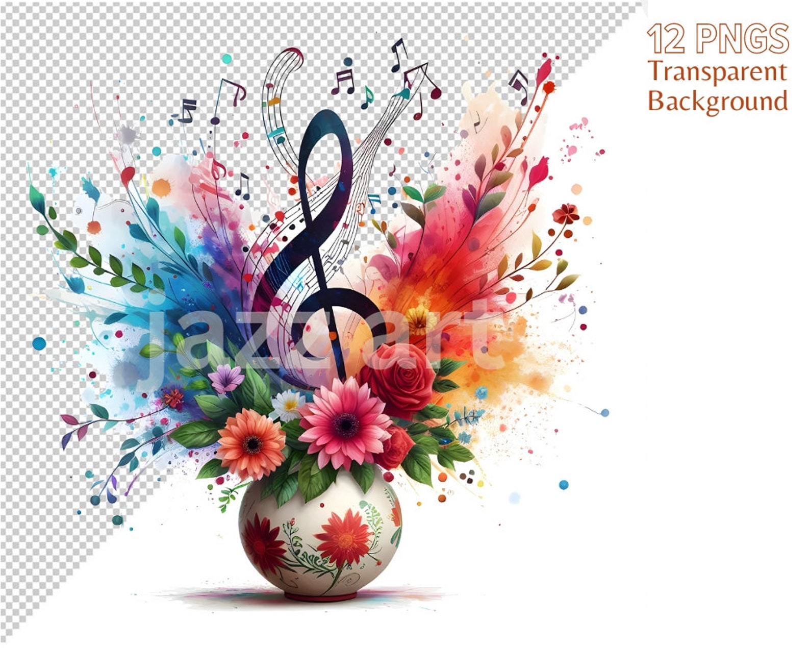 Watercolor Vase Musical Notes Clipart: Floral Music PNG Bundle ...