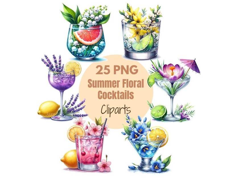 Watercolor Floral Cocktail Clipart: Summer Drink PNG Bundle (commercial ...