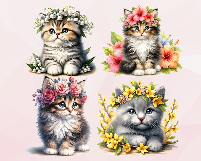 18 Cats and Florals Clipart Bundle, Spring Flowers, Cats Png Graphics ...