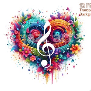Watercolor Heart Music Note Clipart: Floral Treble Clef PNG (commercial ...
