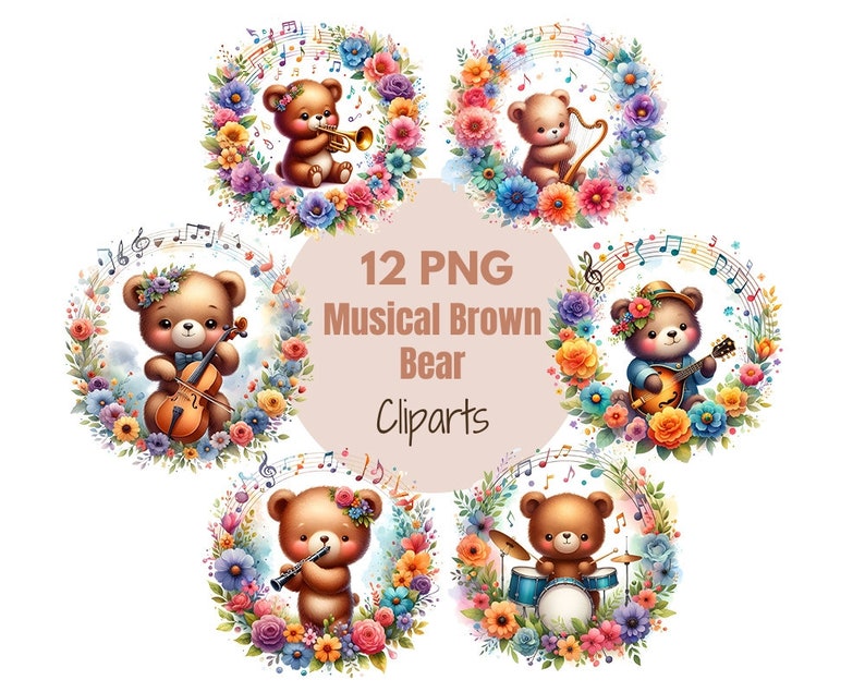 Musical Bear Clipart: Watercolor Teddy Bear PNG Bundle (commercial Use ...