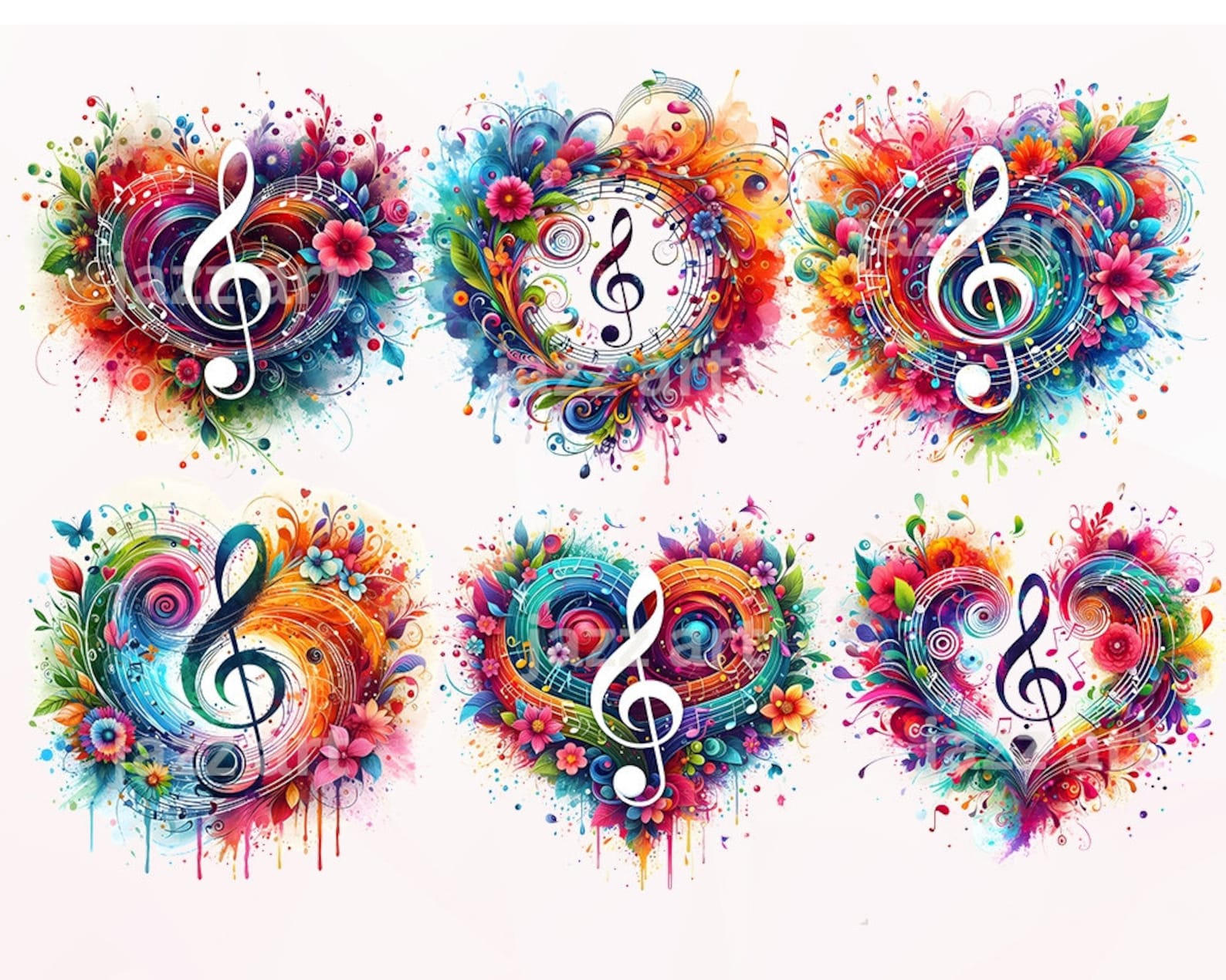 Heart Music Note Clipart Bundle, Watercolor Music Note Graphics, Floral ...
