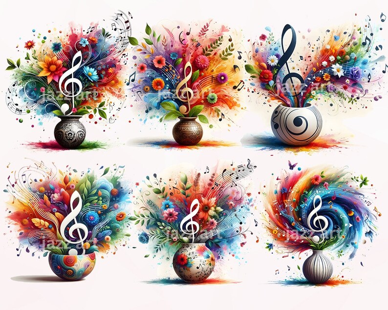 Vase Musical Notes Clipart Bundle, Notes Png, Watercolor Vase Graphics ...